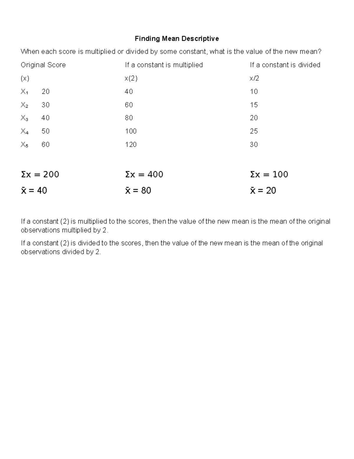 Finding Mean Descriptive - If a constant (2) is divided to the scores ...