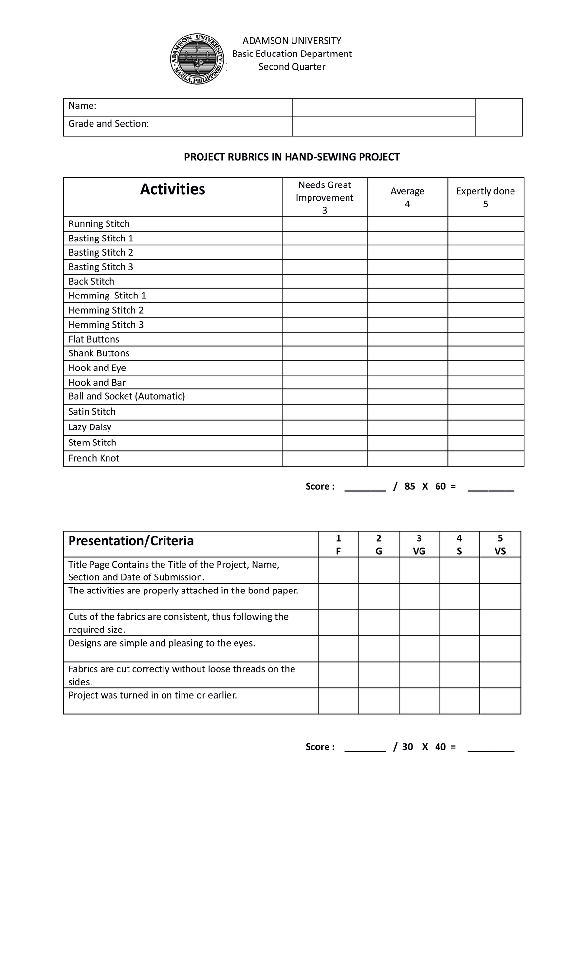 Sewing Project - ADAMSON UNIVERSITY Basic Education Department Second ...