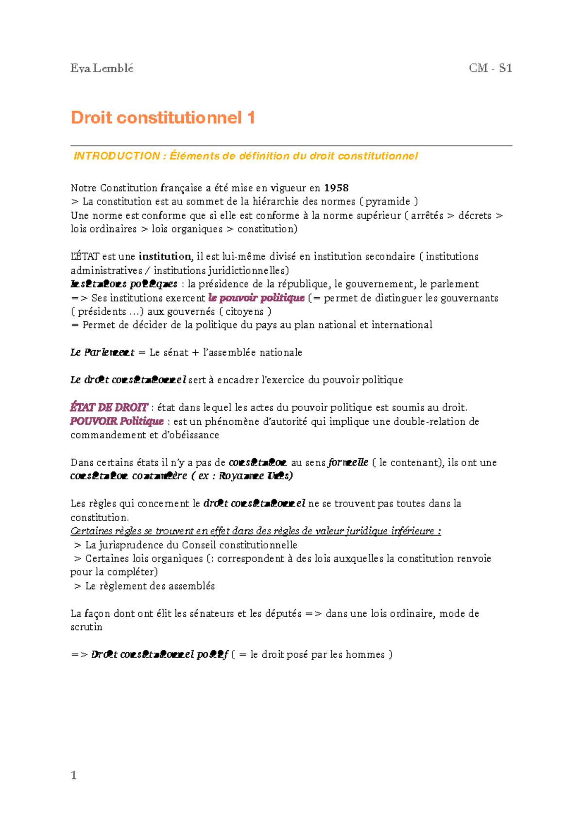 CM- Droit constitutionnel - Droit constitutionnel 1 INTRODUCTION : Éléments de définition du ...