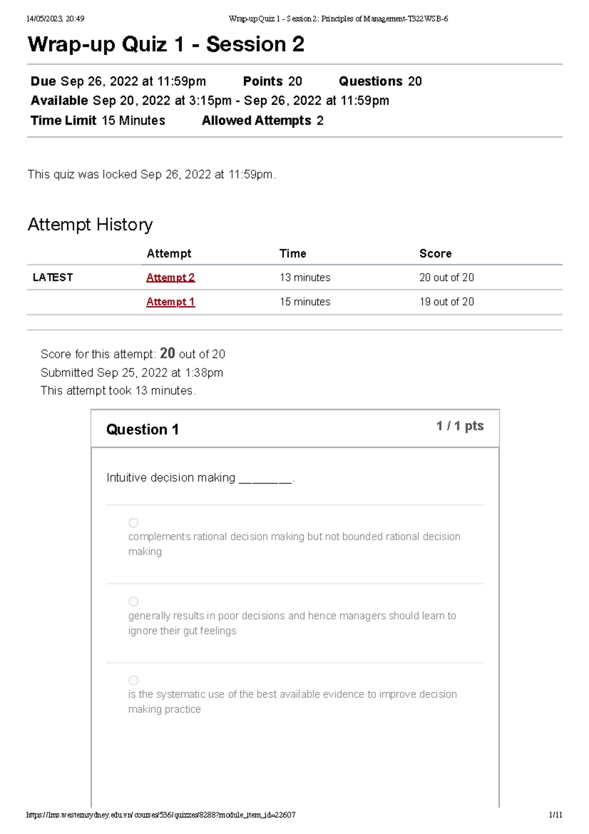 Wrap-up Quiz 1 - Session 2 Principles of Management - Wrap-up Quiz 1 - Session 2 Due Sep 26 ...