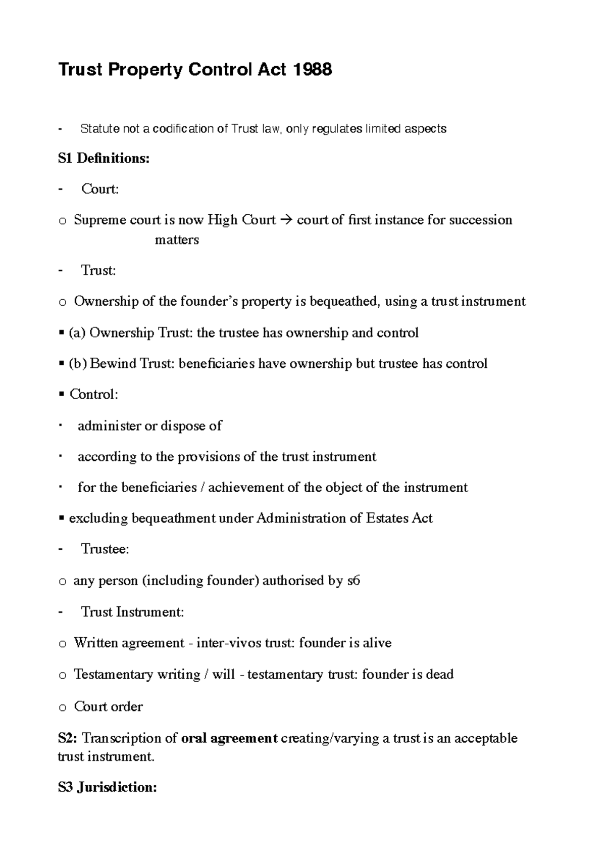 SUCC trusts act suymmarised - Trust Property Control Act 1988 Statute ...