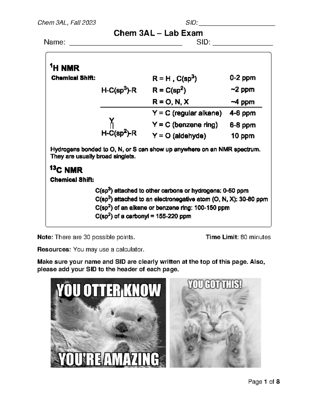Exam KEY - Fall 2023 - Exam key - Chem 3AL – Lab Exam Name ...