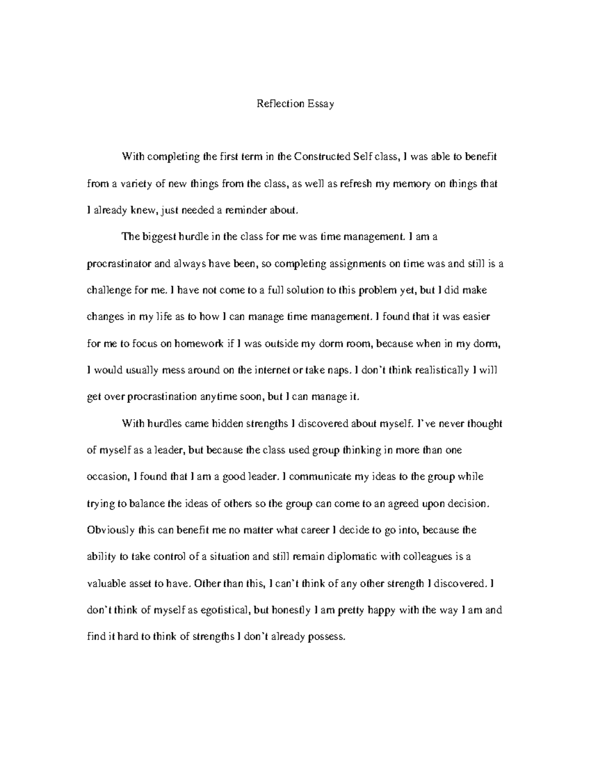 Personal Reflective Sample - Reflection Essay With completing the first ...
