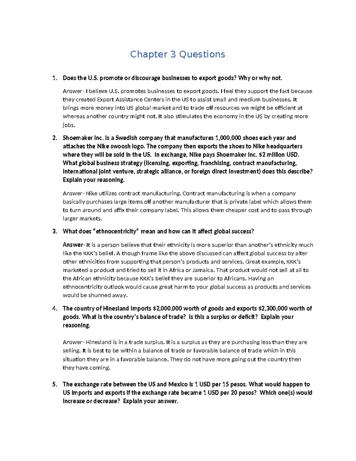 Chapter 3 questions - homework assignment - Chapter 3 Questions Does ...