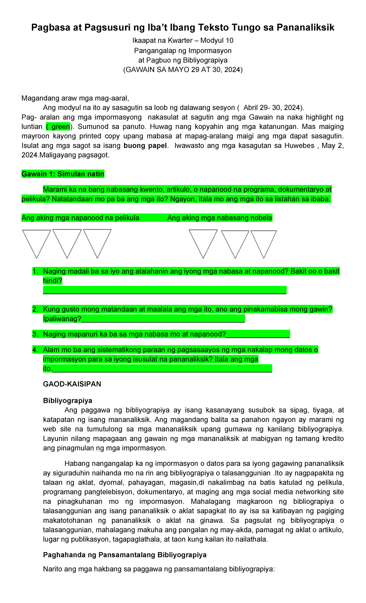 Pagbasa Gawain Mayo 29 30 2024 - Pagbasa at Pagsusuri ng Iba’t Ibang ...
