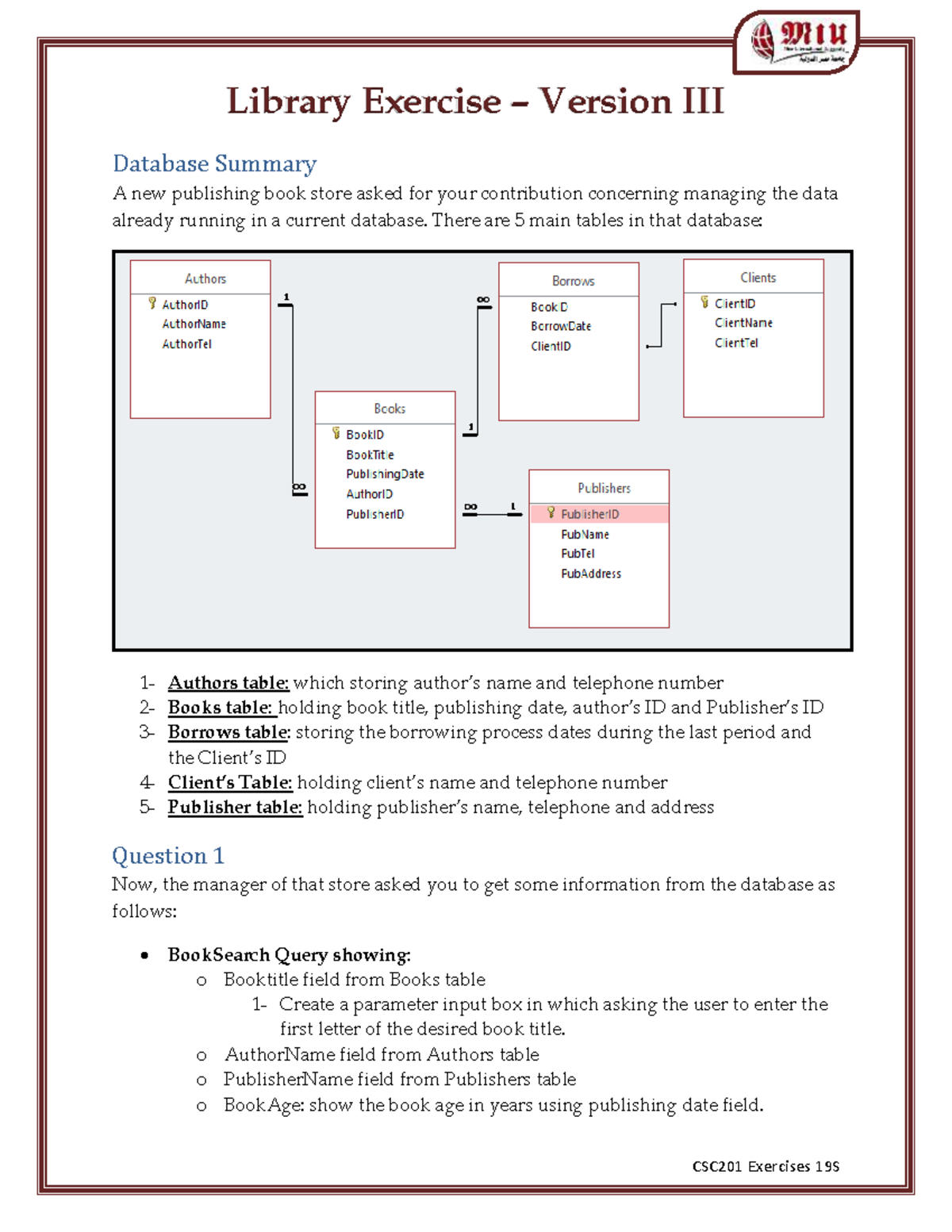 Library questions - CSC201 Exercises 19S f Library Exercise – Version ...