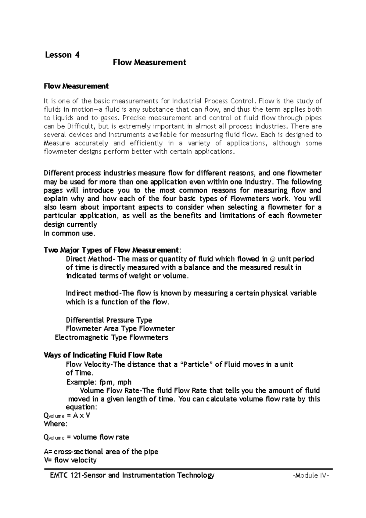 Module 4 Lesson 4 - Lesson 4 Flow Measurement Flow Measurement It is ...