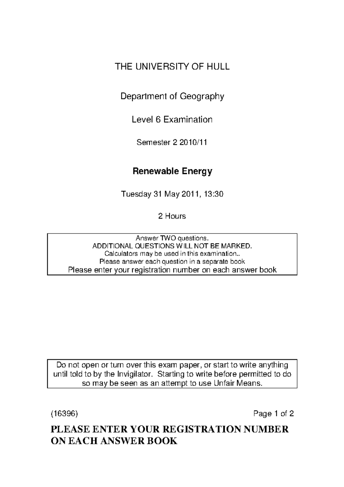 Renewable Energy Exam 2011 - THE UNIVERSITY OF HULL Department of ...