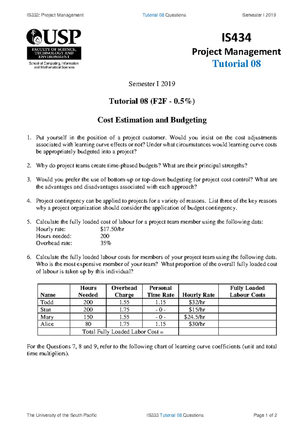 Tutorial 08 (F2F) - Cost Estimation and Budgeting - IS333: Project Management Tutorial 08 ...