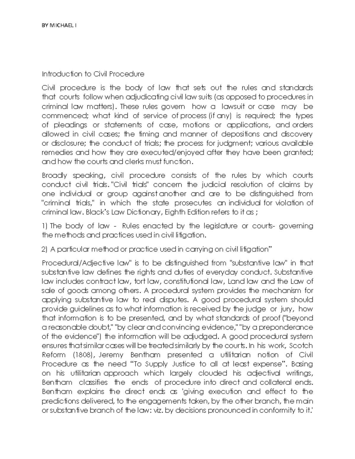 Civil Procedure Notes None Introduction To Civil Procedure Civil