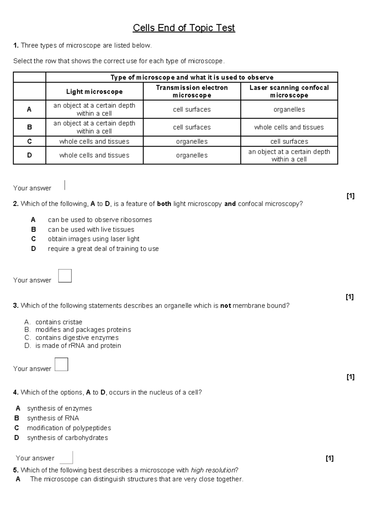 Cells End of Topic Test 1 - Cells End of Topic Test Three types of ...