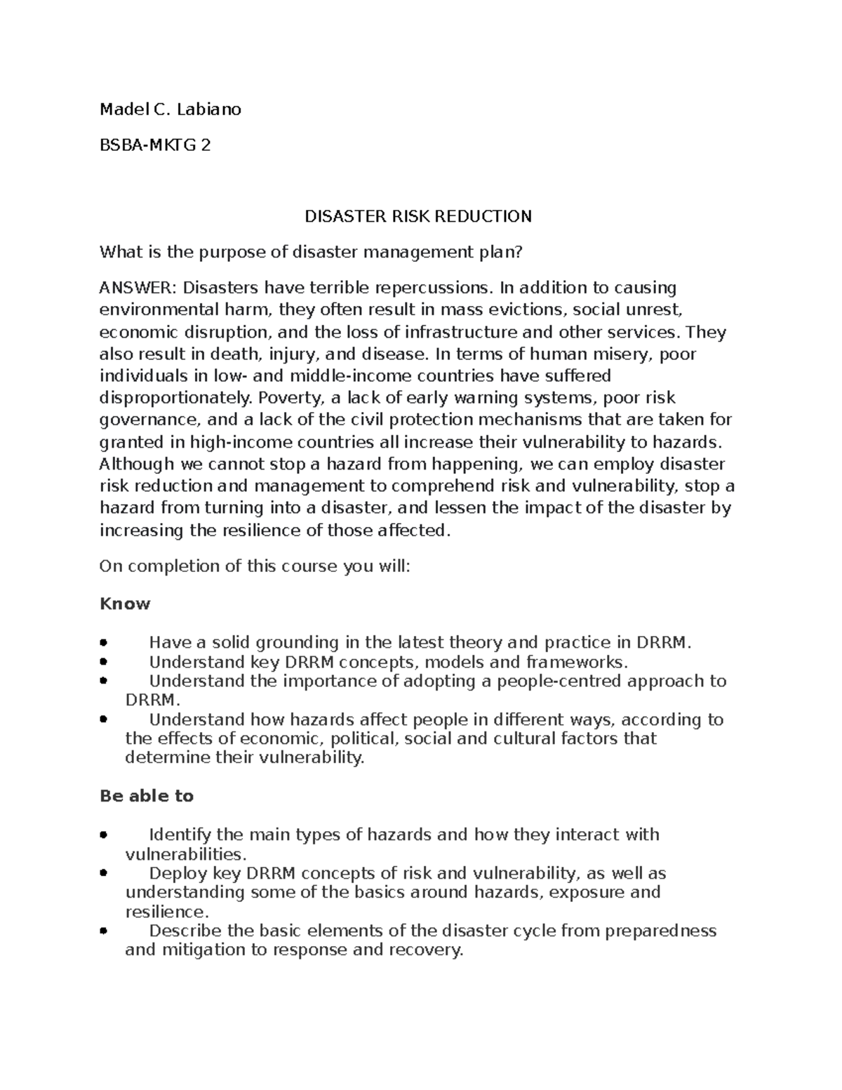 DRR 2 - Importance of Disaster Risk Reduction course - Madel C. Labiano ...