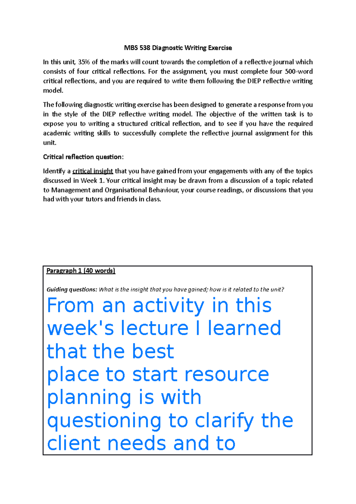 MBS 538 Diagnostic Writing Exercise - MBS 538 Diagnostic Writing ...