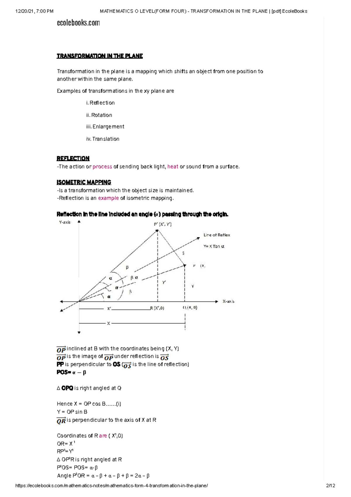 Mathematics - Transformation IN THE Plane - ecolebooks TRANSFORMATION ...