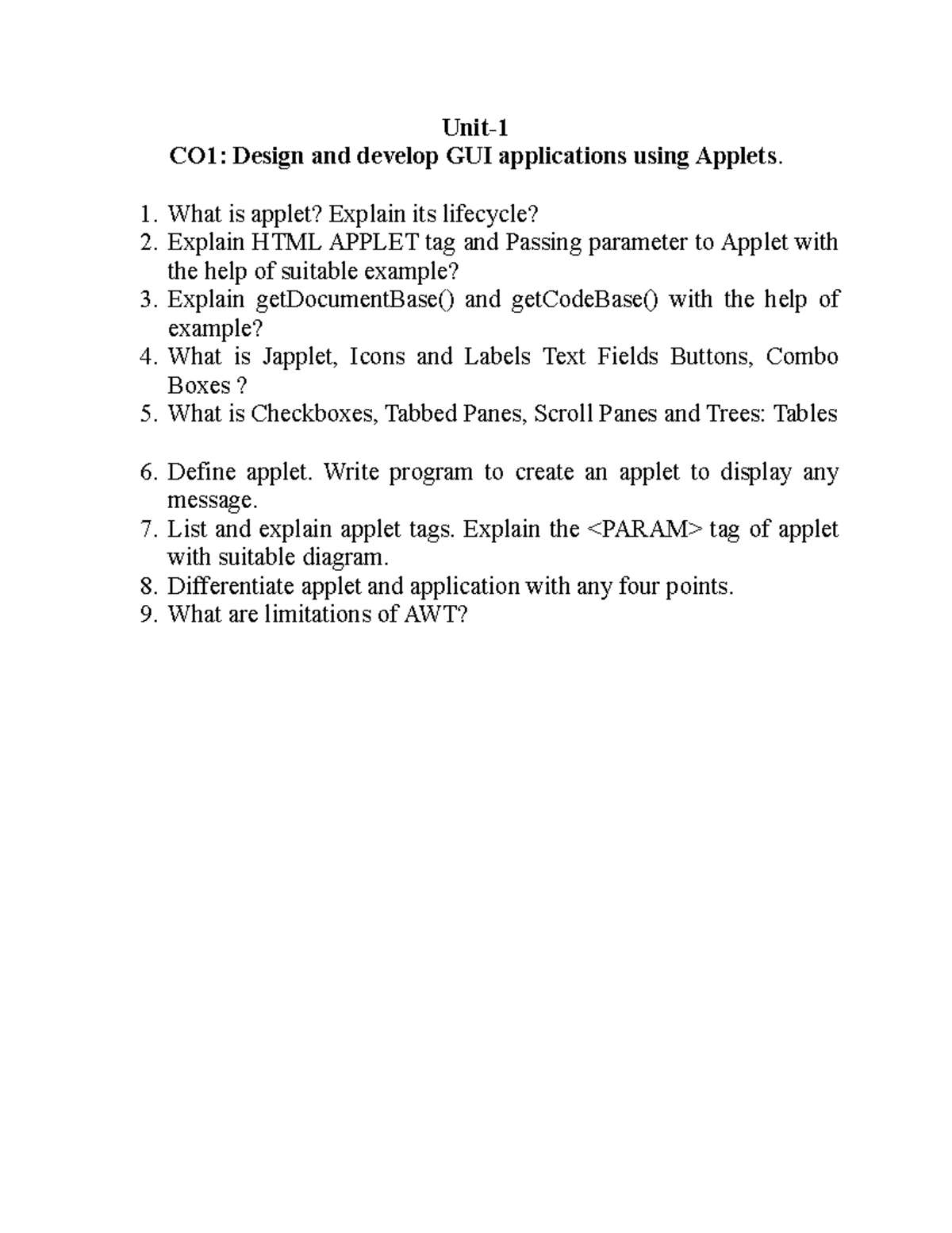 Question bank-1,2 - Unit- CO1: Design and develop GUI applications using Applets. What is applet ...