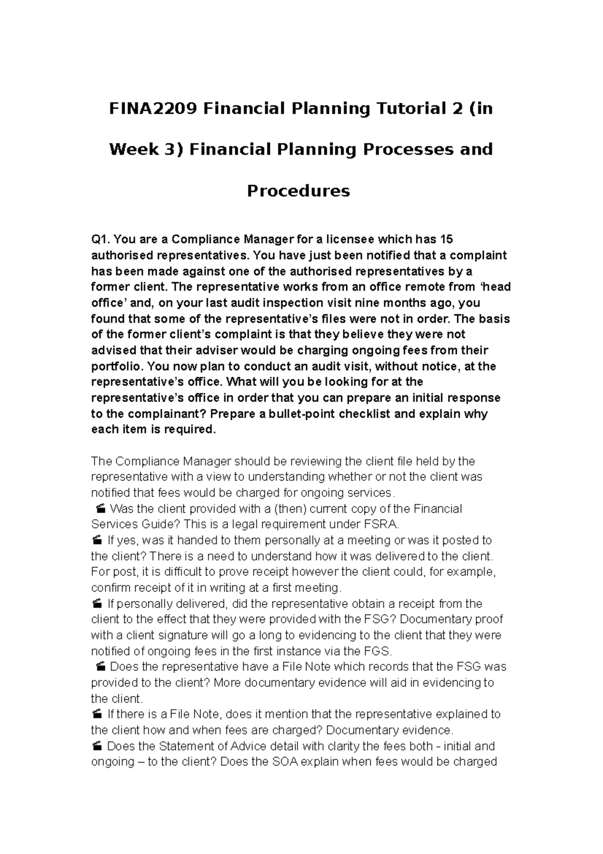FINA2209 Financial Planning Tutorial 2 - You are a Compliance Manager ...