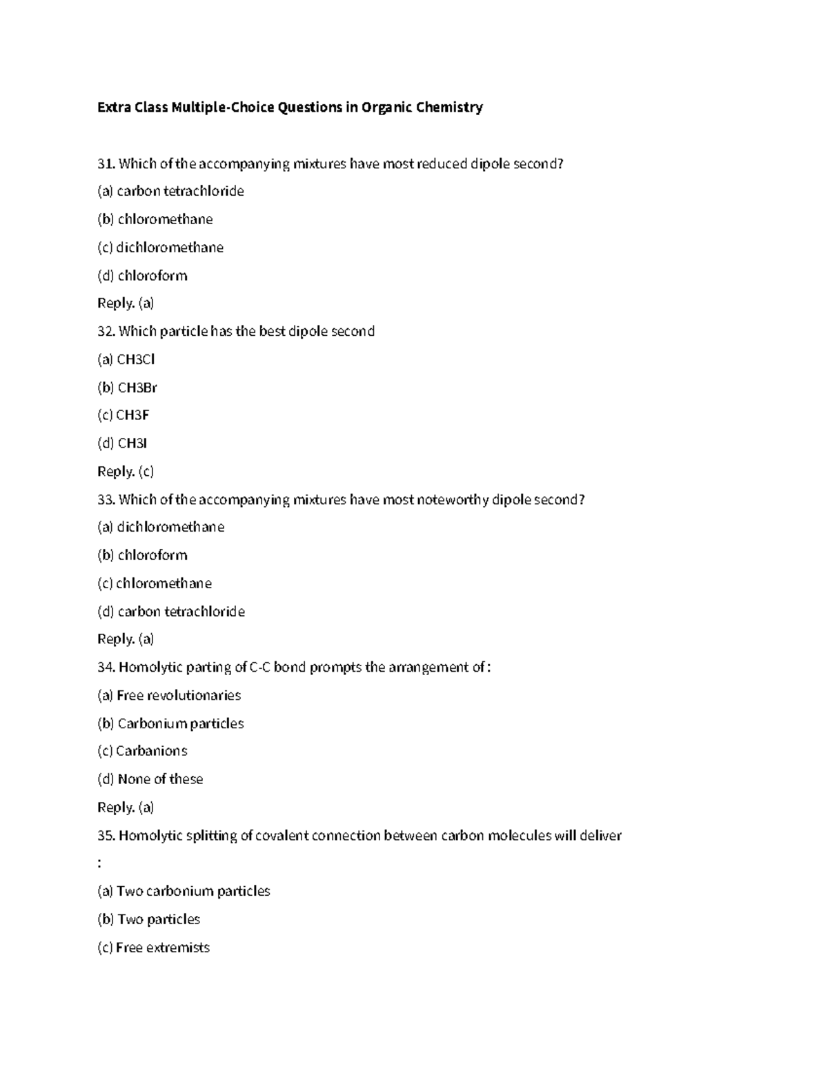 Extra Class Multiple-Choice in Organic Chemistry- CHEM1006 - STAA 4000 ...