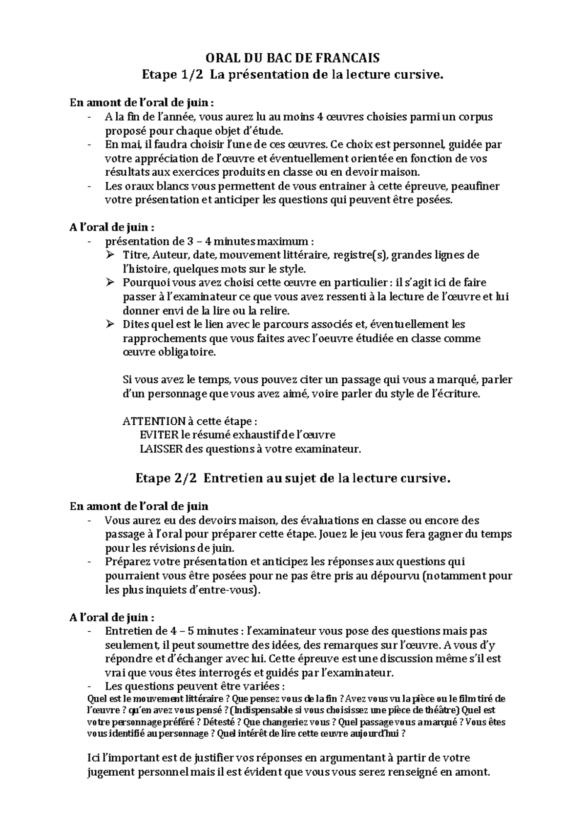 Cursive-Méthode - Fiche pour le Bac - ORAL DU BAC DE FRANCAIS Etape 1/2 La présentation de la ...