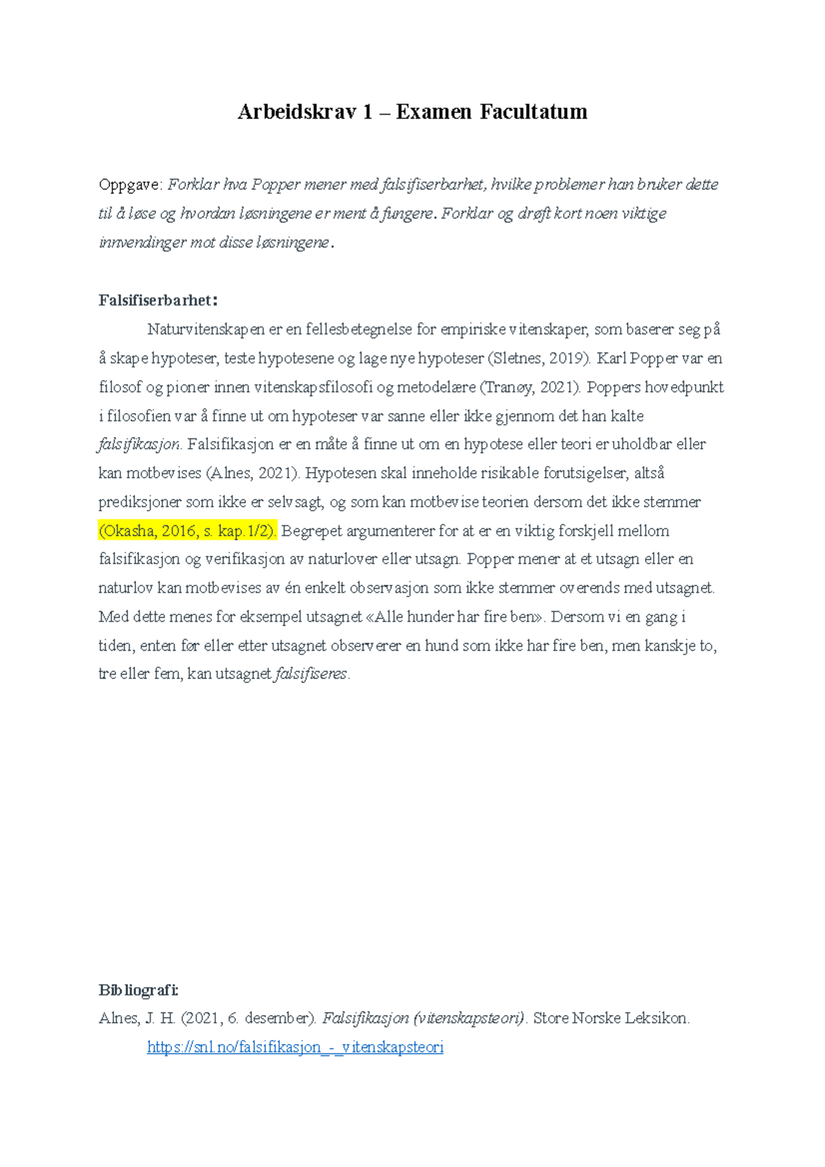 Arbeidskrav 1 - Karl Popper - Arbeidskrav 1 – Examen Facultatum Oppgave ...