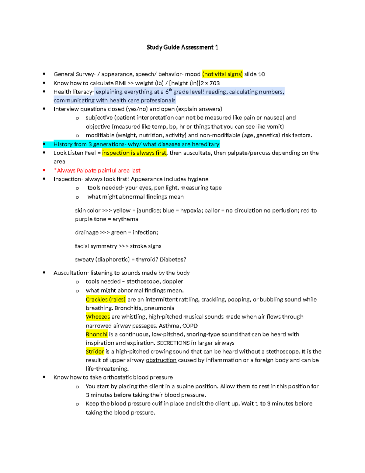 Week 1 - Nursing Assessment Study Guide for Exam 1 - Study Guide ...