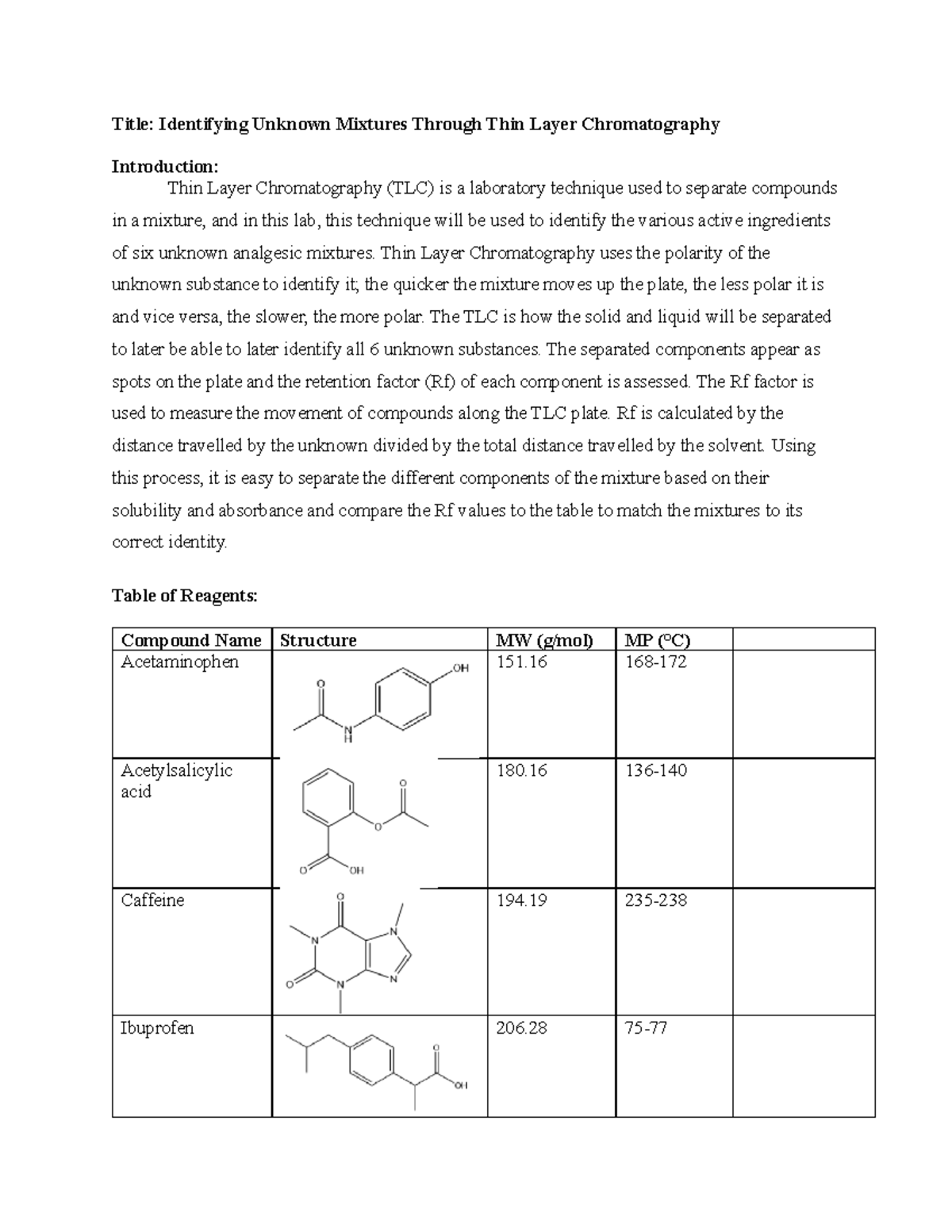Completed Lab 4 - Title: Identifying Unknown Mixtures Through Thin Layer Chromatography - Studocu