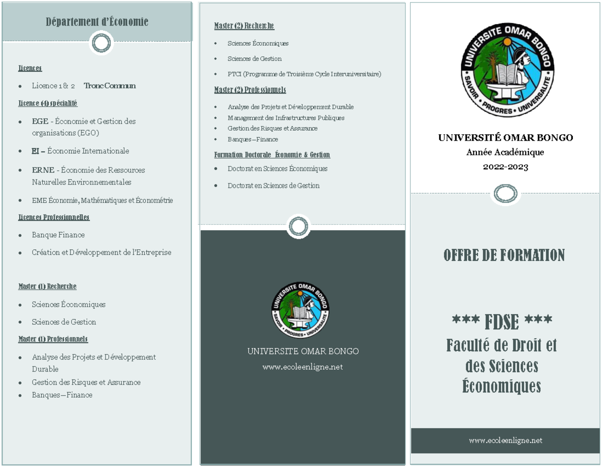 Offres FDSE - ecoleenligne UNIVERSITÉ OMAR BONGO Année Académique 2022 ...
