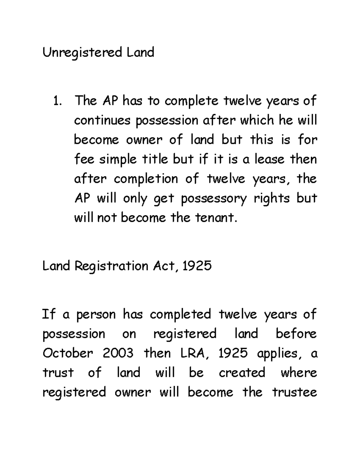 Unregistered Land - Handwritten lecuture notes. - Unregistered Land 1 ...