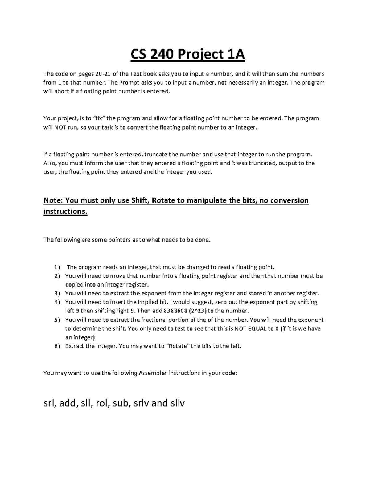 Sum Of Integers 2 - Project instructions + my MIPS code for project 2 for frary's cs240, scored ...