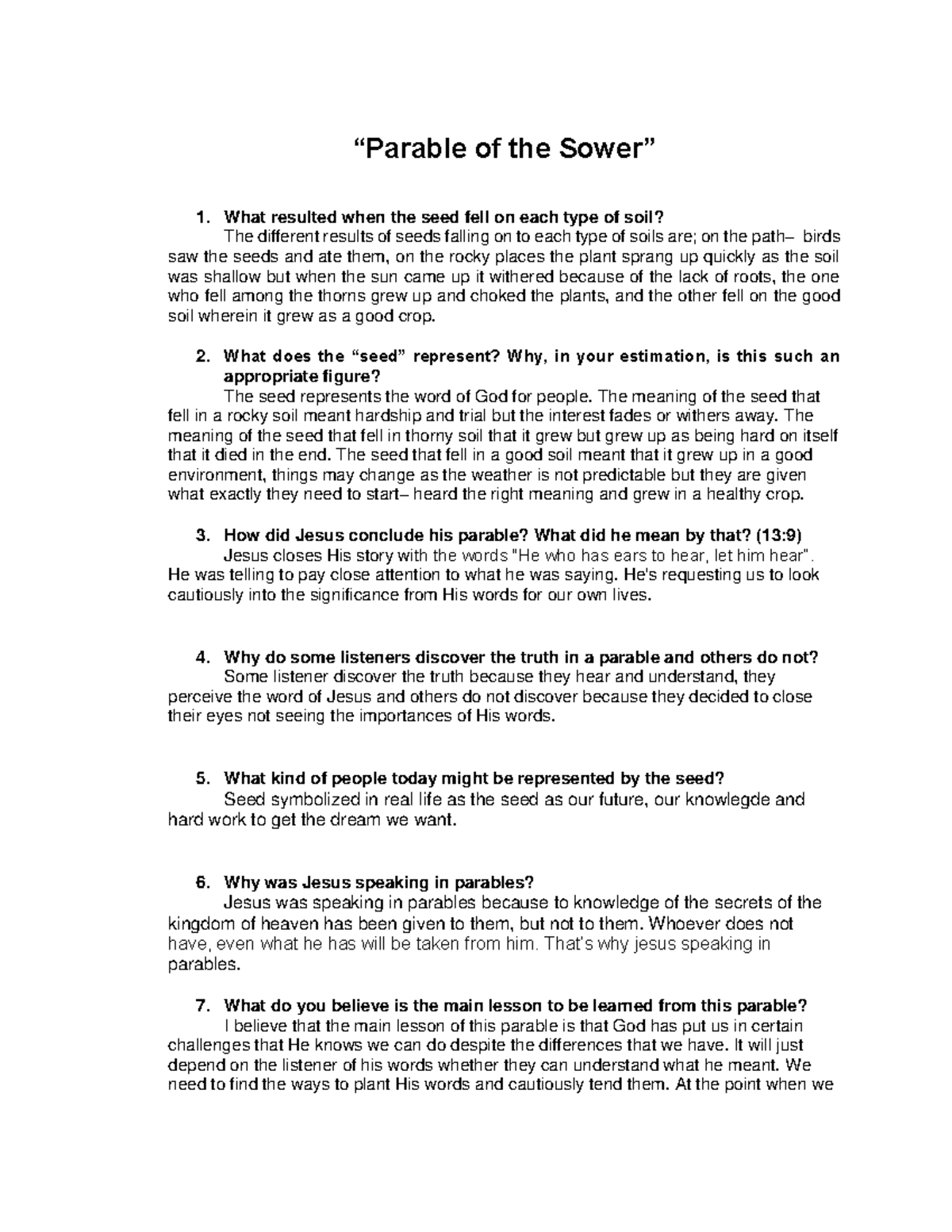 Parable of the Sower - Civil Engineering - Studocu