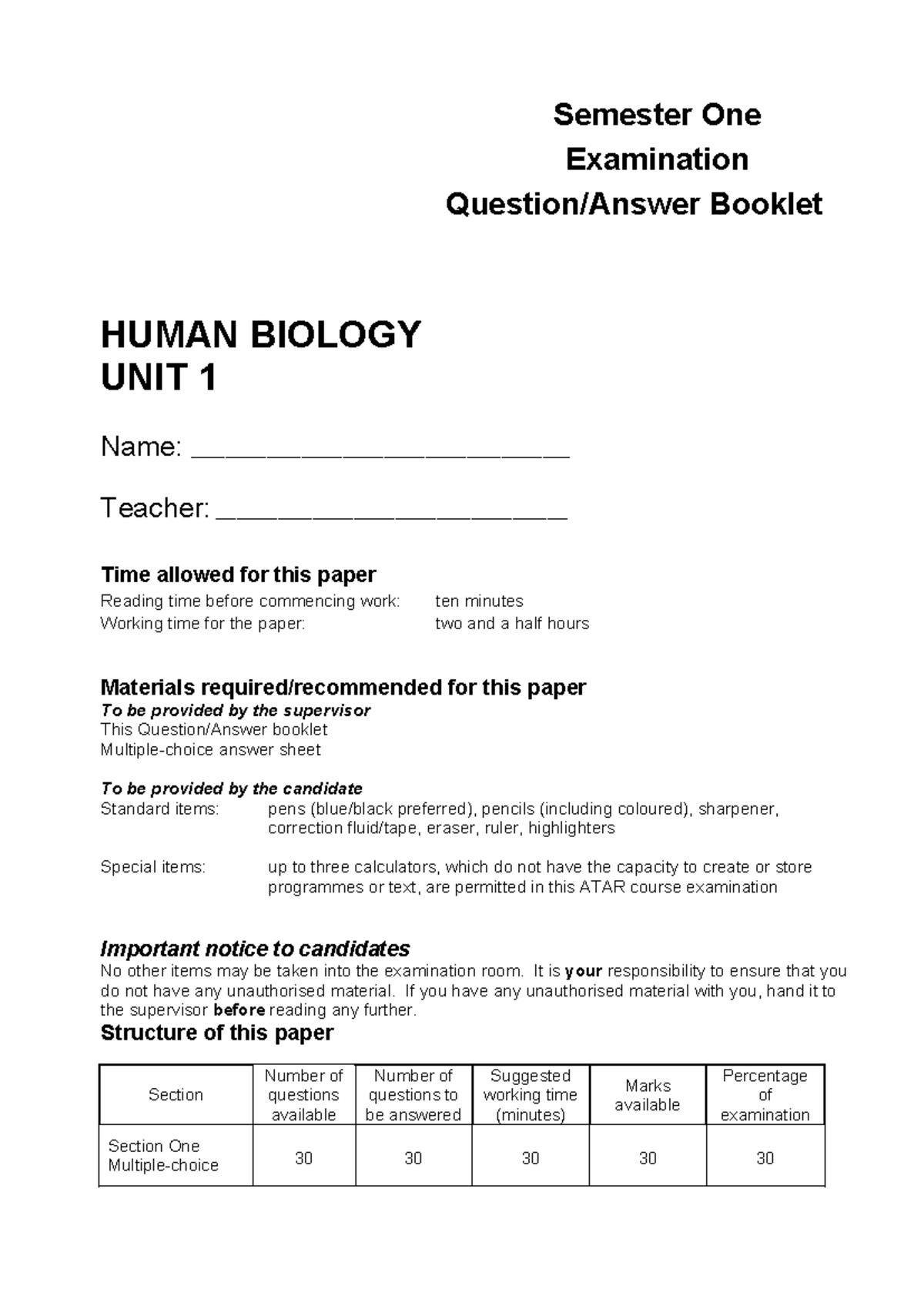 Hbl unit 1 exam Final - Semester One Examination Question/Answer ...