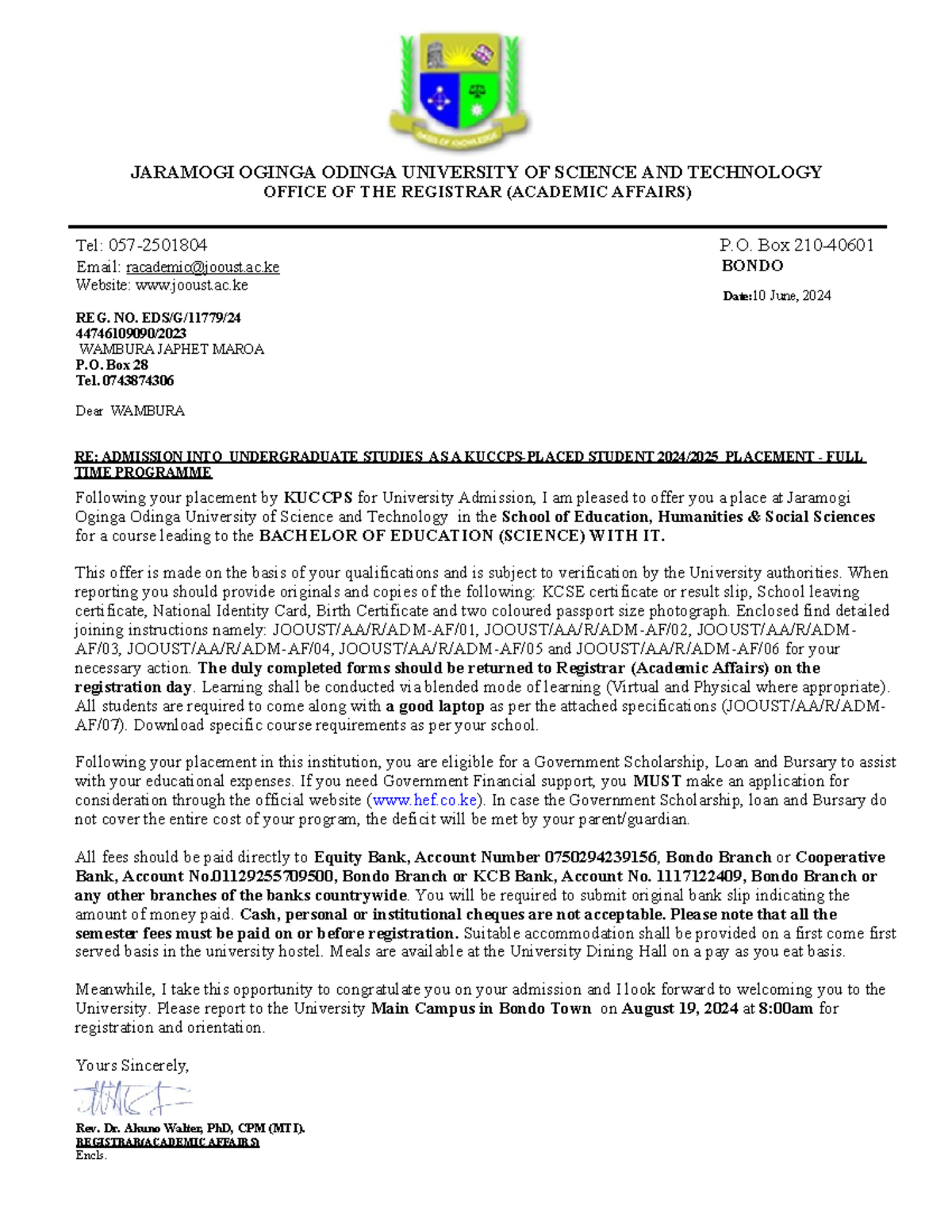 Admission-letter - I need the notes for my personal study - RE ...