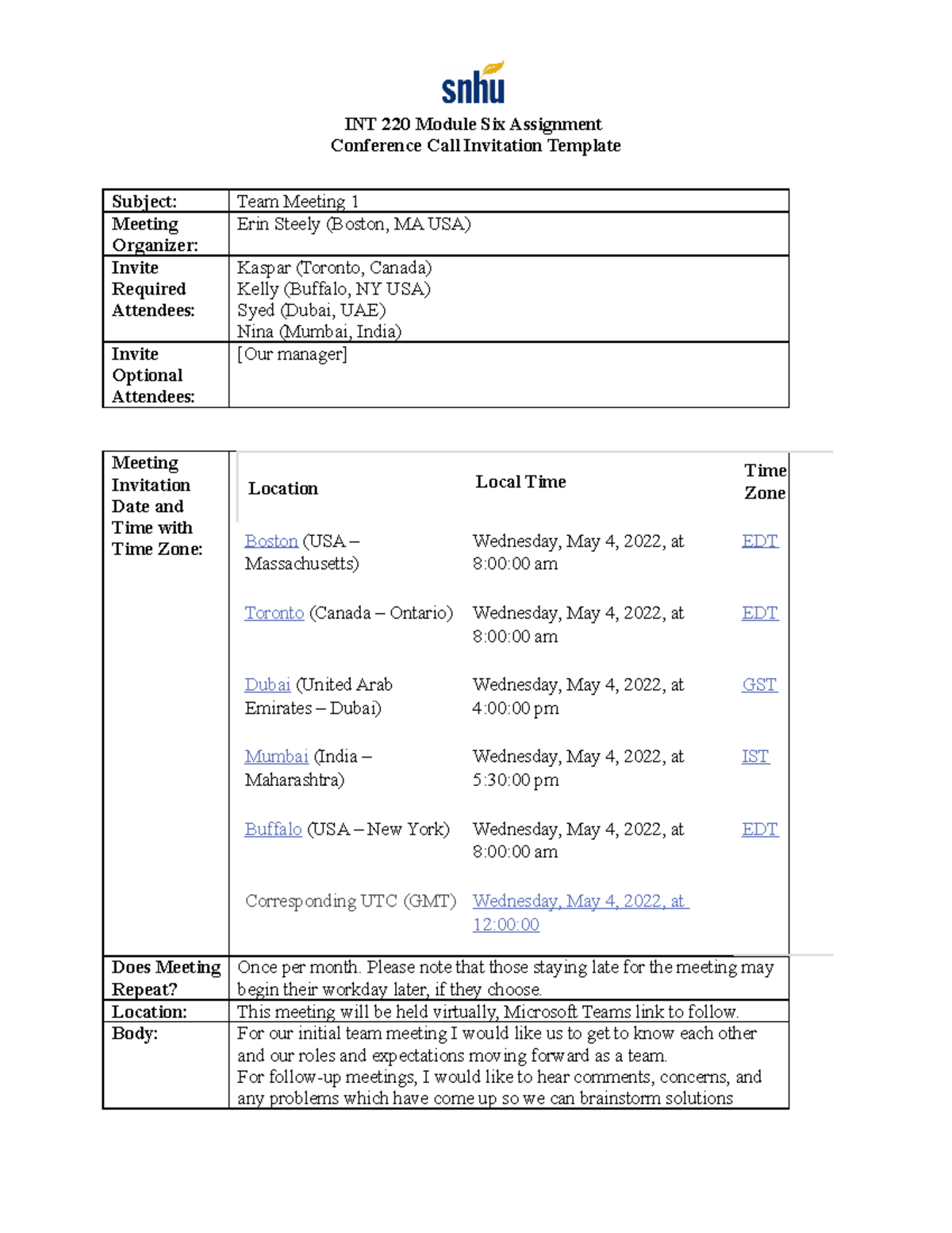 INT 220 Conference Call Invitation - INT 220 Module Six Assignment ...