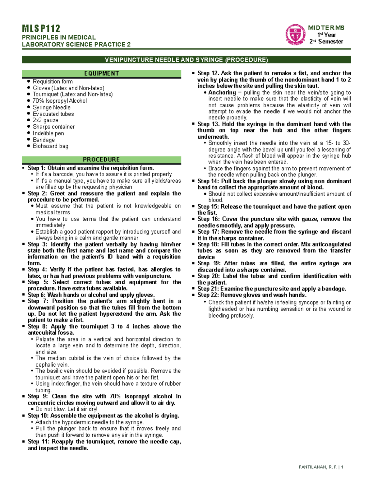 Venipuncture Procedure 1 - MLSP PRINCIPLES IN MEDICAL LABORATORY ...