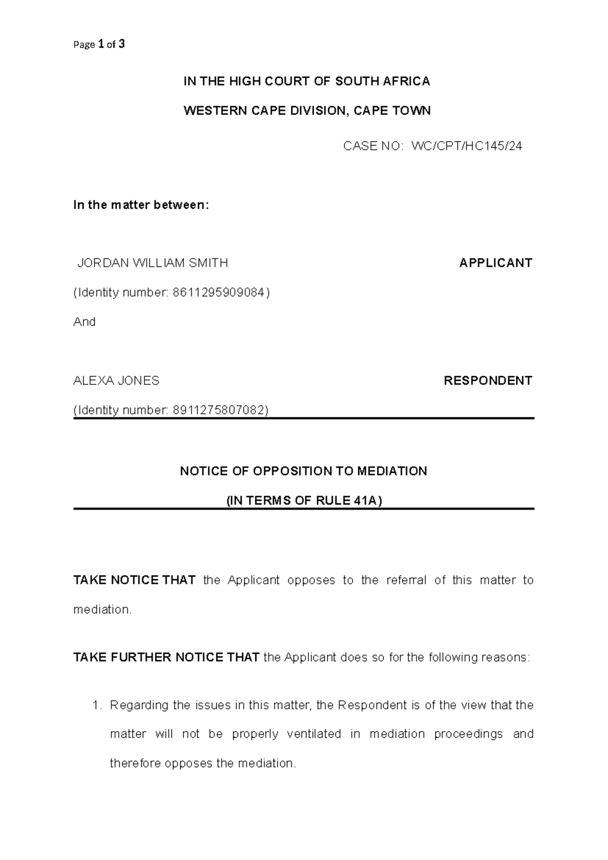 HC RULE 41 notice - for merge - Page 1 of 3 IN THE HIGH COURT OF SOUTH ...