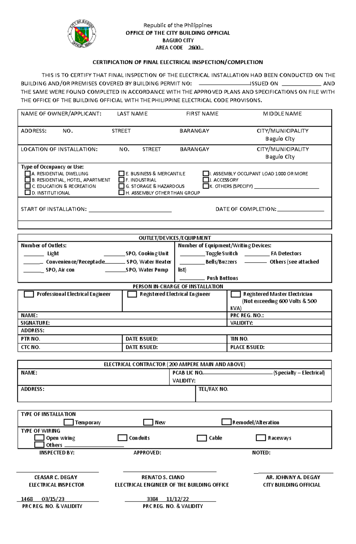 Certificate OF Final Electrical Inspection Completion - Republic of the ...