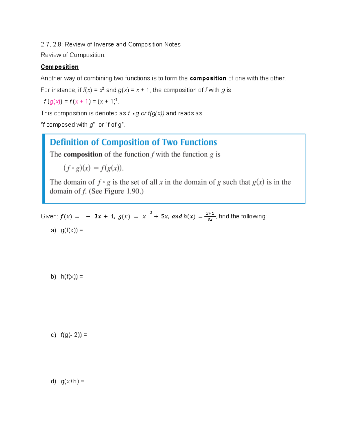 inverse functions - 2, 2: Review of Inverse and Composition Notes ...