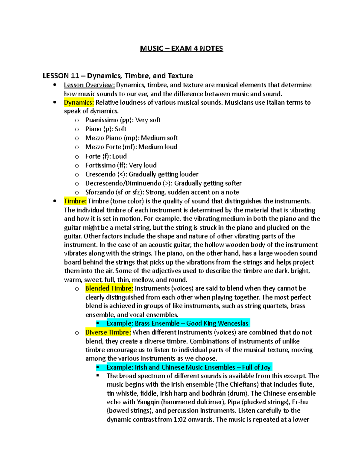 Music Exam 4: Dynamics Timbre and Texture - Studocu