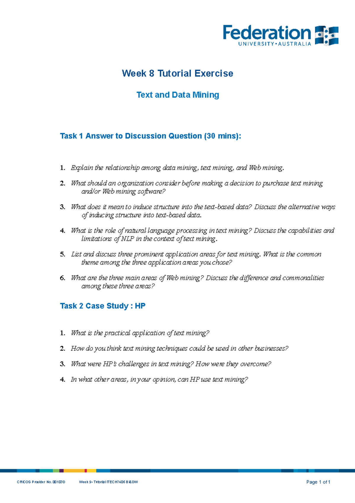 Week 8 Text and Data Mining Tutorial Exercise - Week 8 Tutorial Exercise Text and Data Mining ...