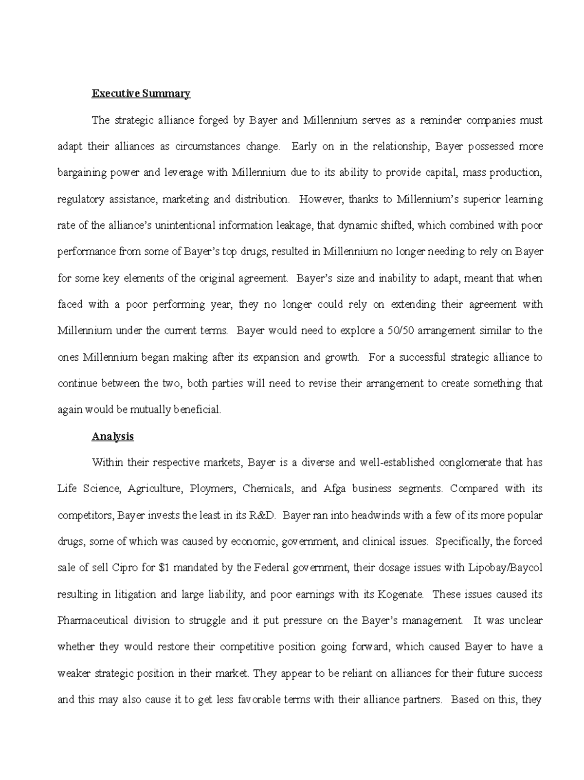 Bayer Case - Executive Summary The strategic alliance forged Bayer and ...