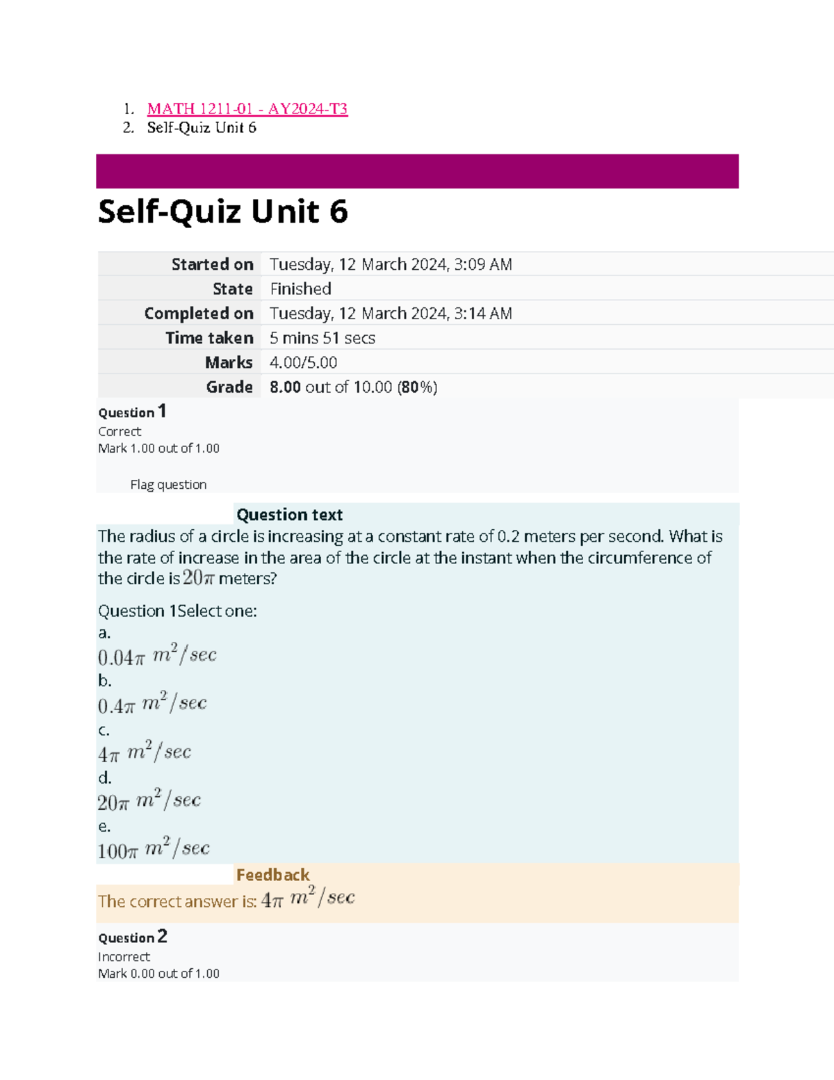 Quizez 1-6 - Calculus Quizes 1- 6 - 1. MATH 1211- 01 - AY2024-T 2. Self ...