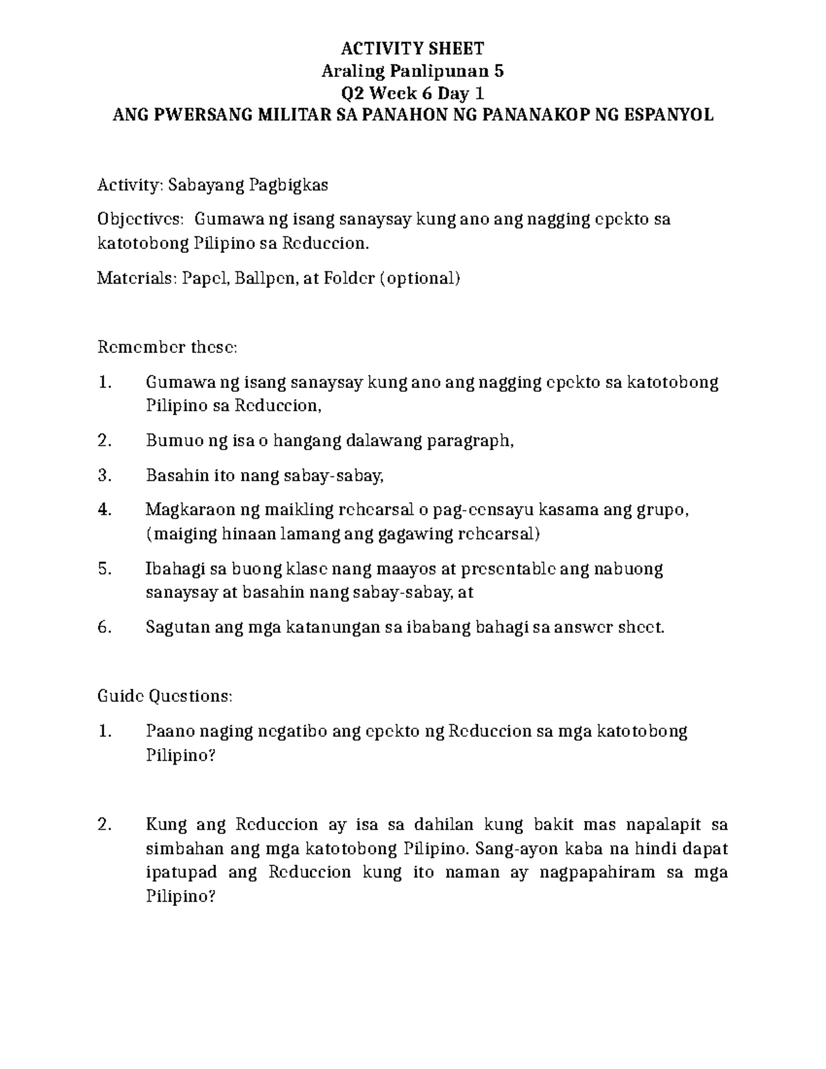 AS AP5 1 - ACTIVITY SHEET Araling Panlipunan 5 Q2 Week 6 Day 1 ANG ...
