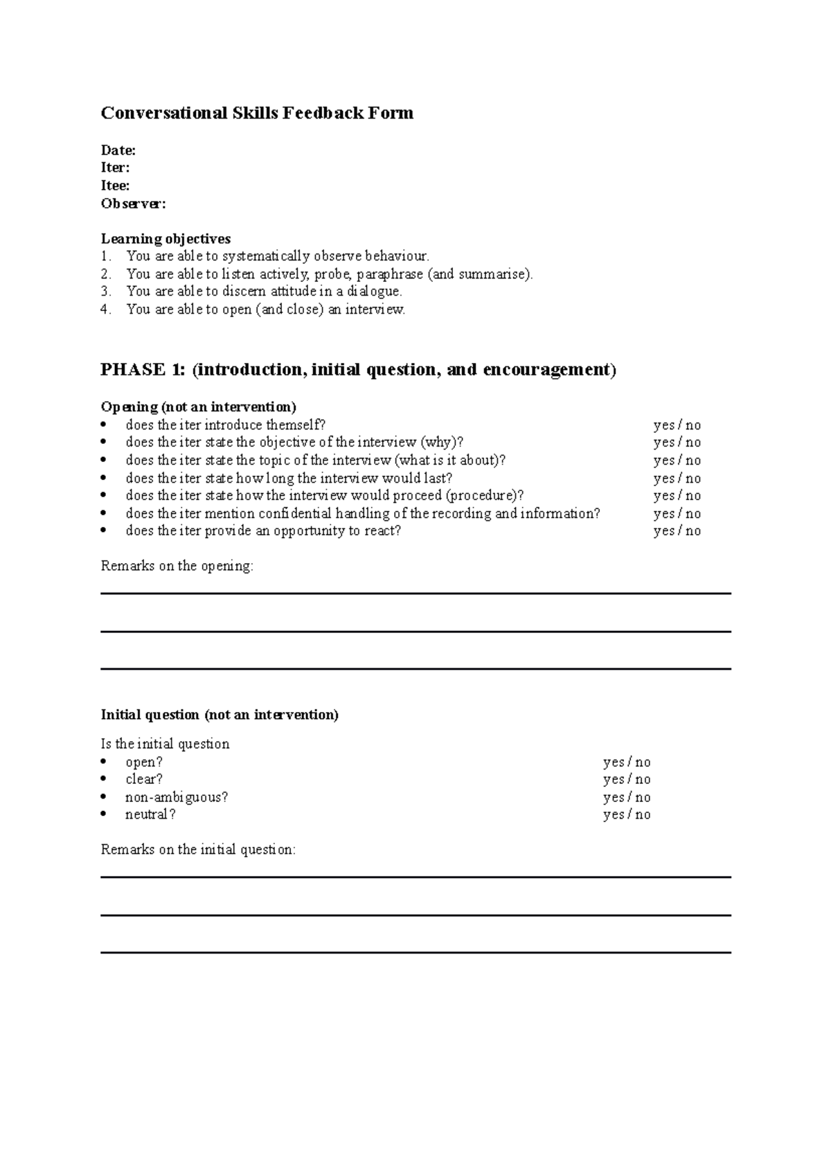Conversational Skills Feedback Form 2223 - Conversational Skills ...