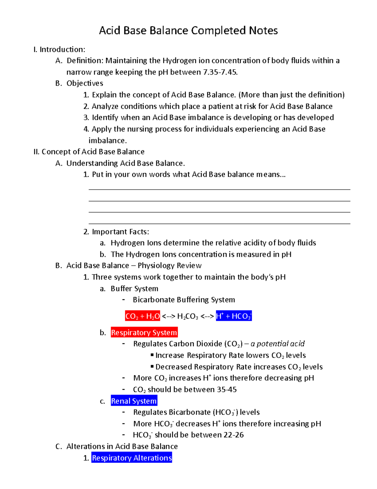 Acid Base Week 1 Completed Notes - Acid Base Balance Completed Notes I ...