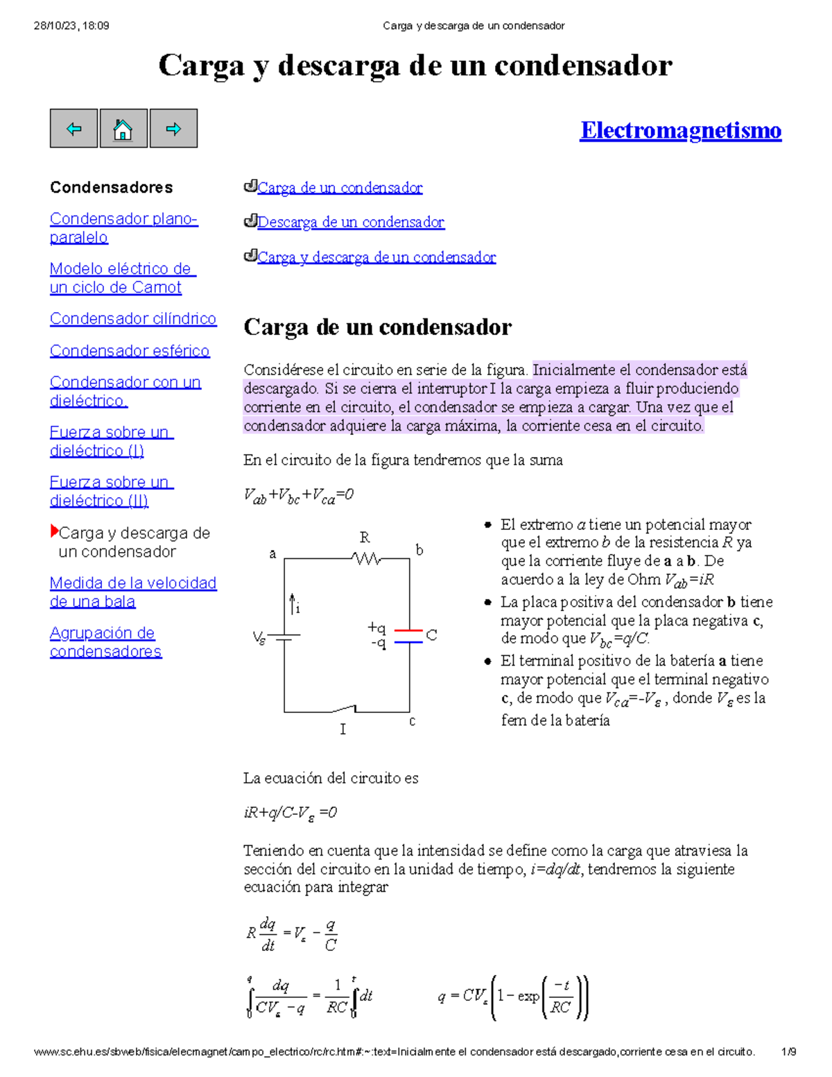 Carga y descarga de un condensador - Carga y descarga de un condensador Electromagnetismo - Studocu