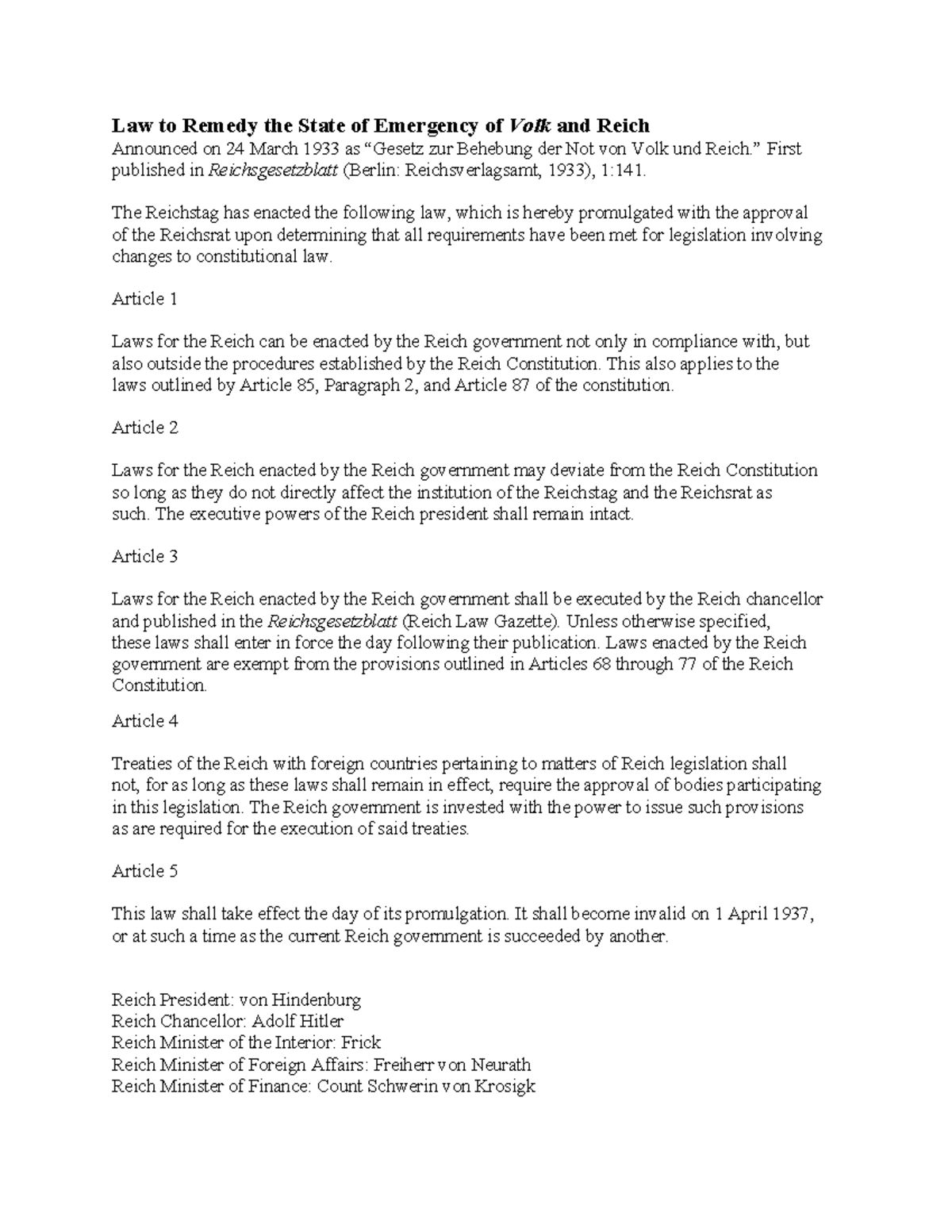 DB Reading 4 (Enabling Act of March 1933) - Law to Remedy the State of ...