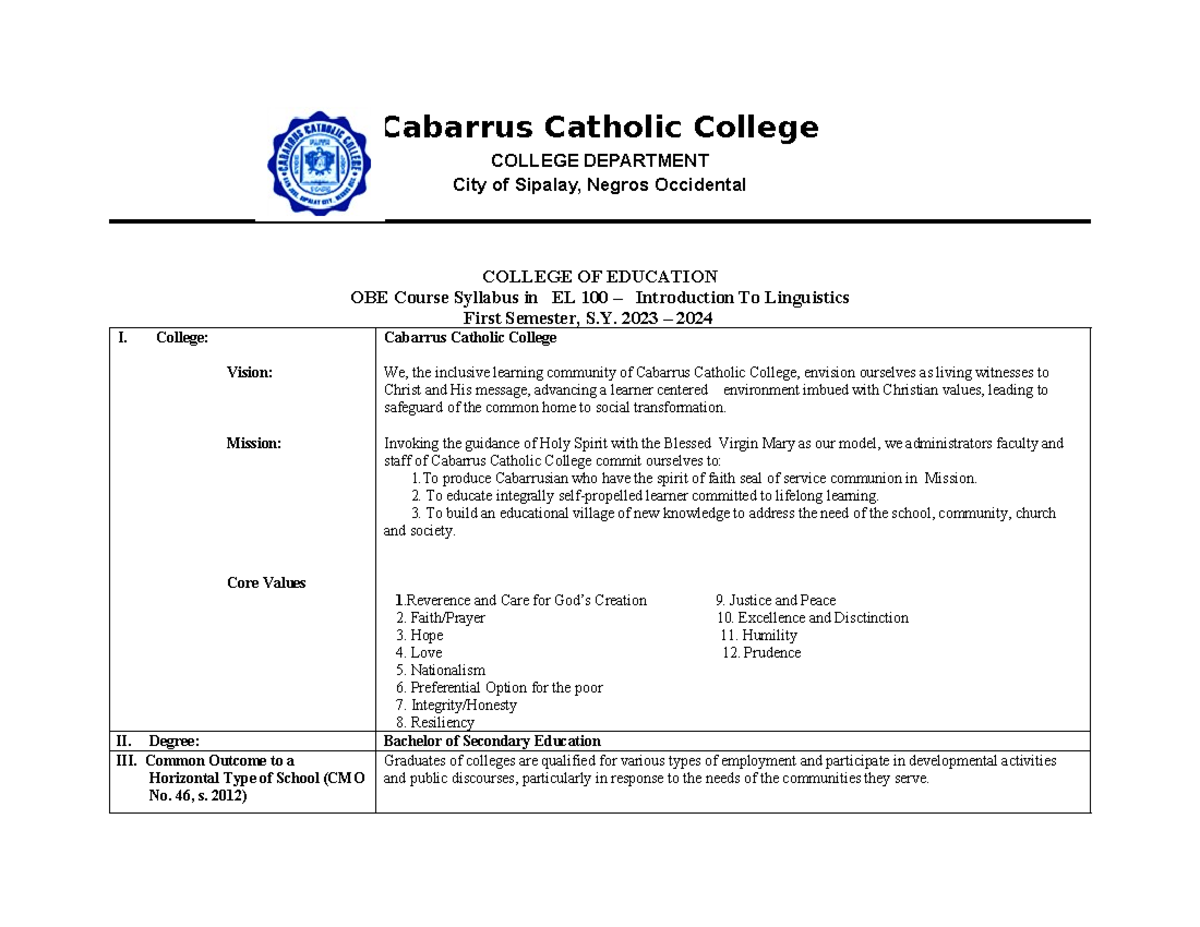 Syllabus For EL 100 - Cabarrus Catholic College COLLEGE DEPARTMENT City ...