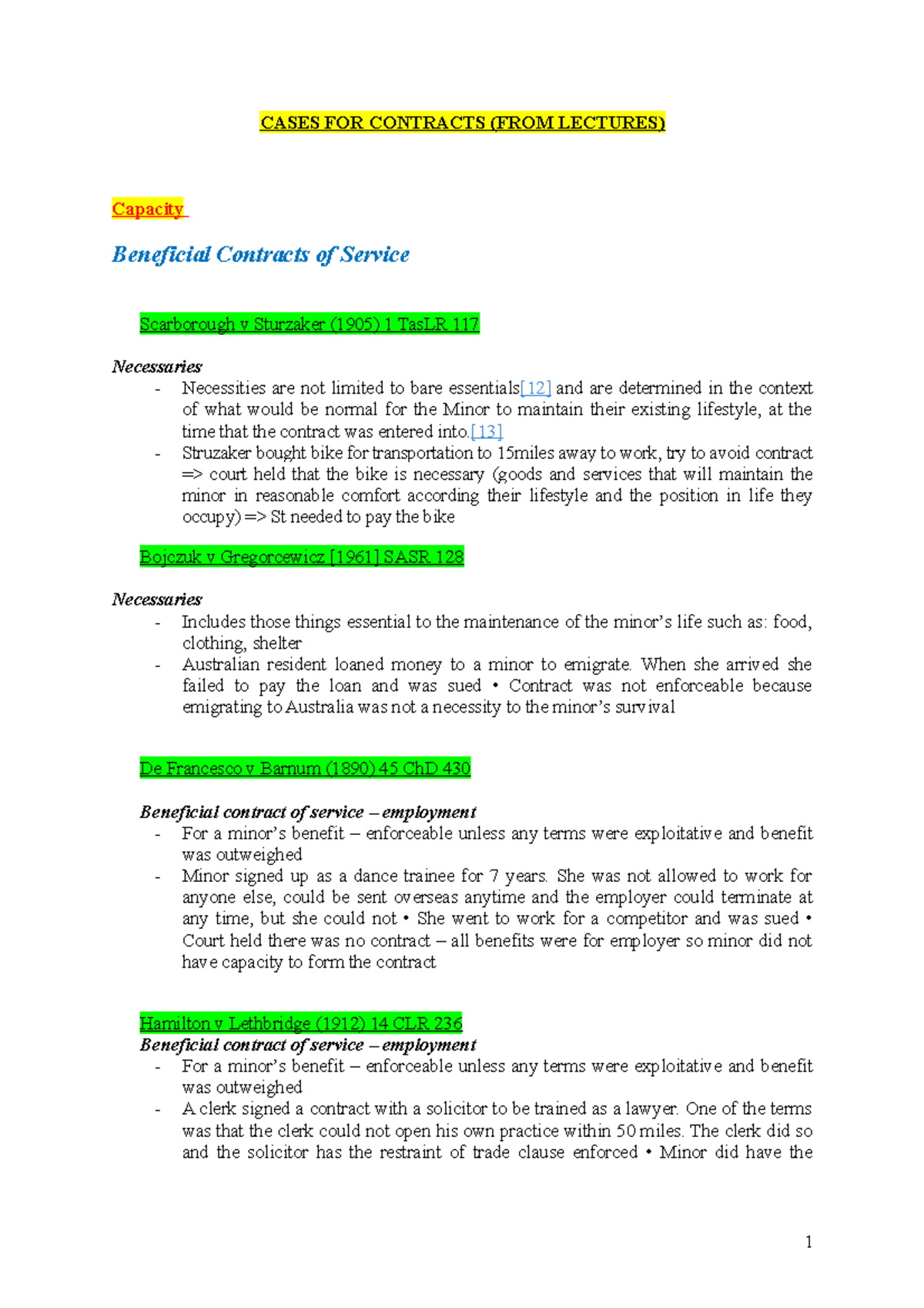 Cases For Contracts Lecture Notes 1 12 Cases For Contracts From Lectures Capacity