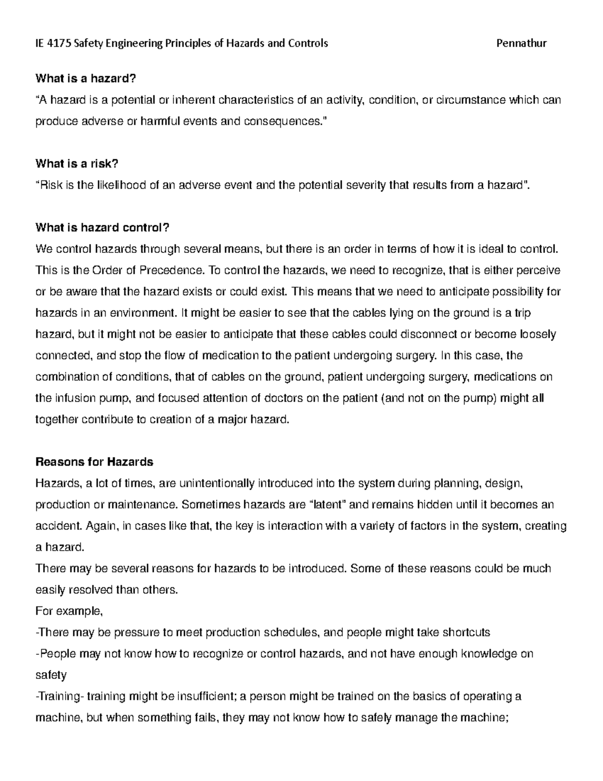 Safety Engineering Principles of Hazards and Controls - Studocu