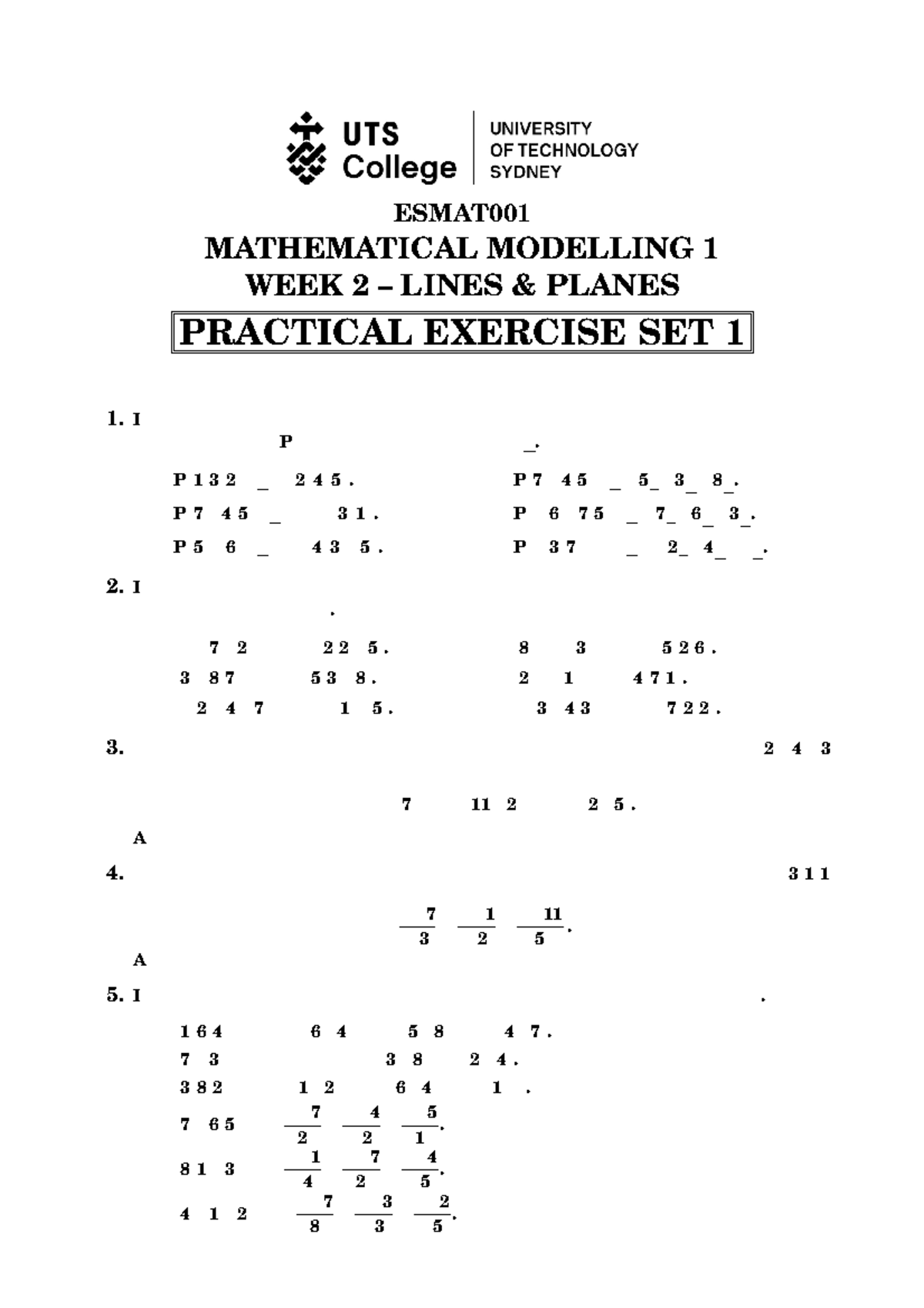 Week 2 - Practical Exercise Set 1 - ESMAT MATHEMATICAL MODELLING 1 WEEK 2 – LINES & PLANES - Studocu