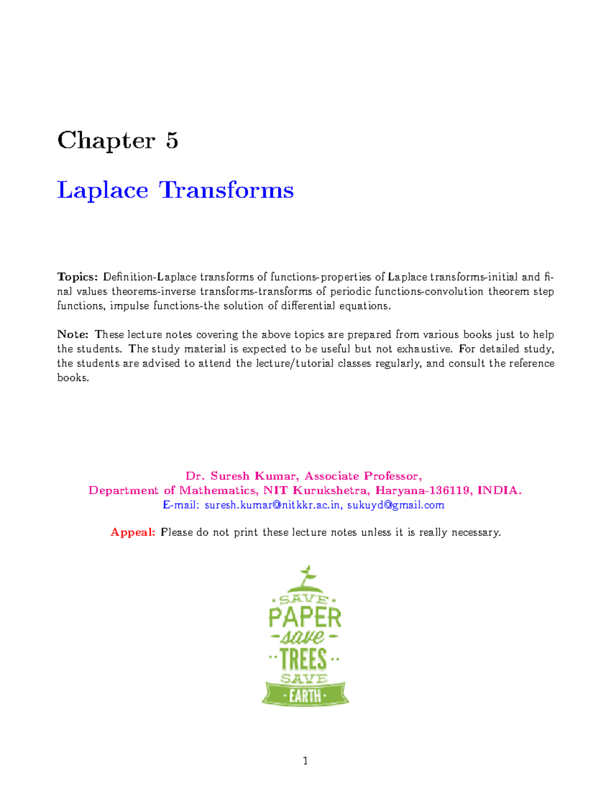 Unit5 laplace - faegaehahaha - Chapter 5 Laplace Transforms Topics ...